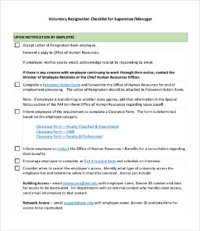 Resignation Checklist Template -10+ Word, PDF Documents Download