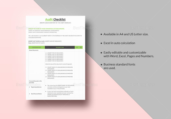 FREE 26+ Sample Audit Checklist Templates in PDF | MS Word | Pages ...