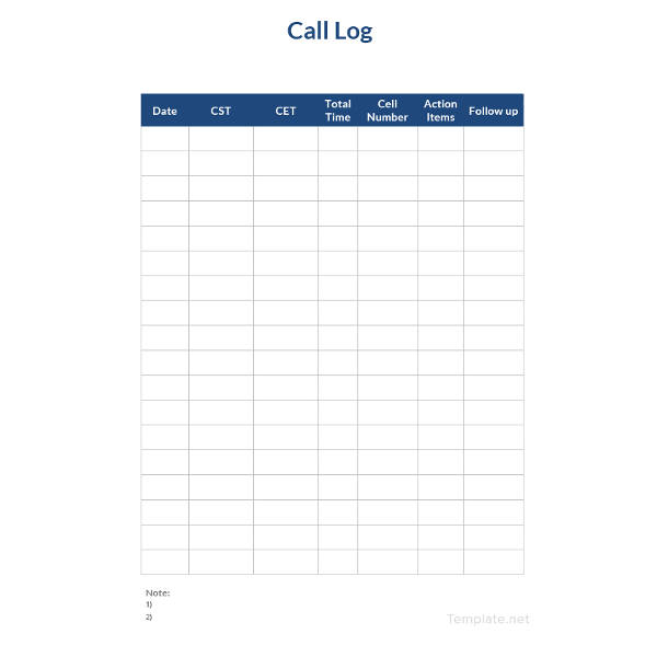 13+Call Log Template