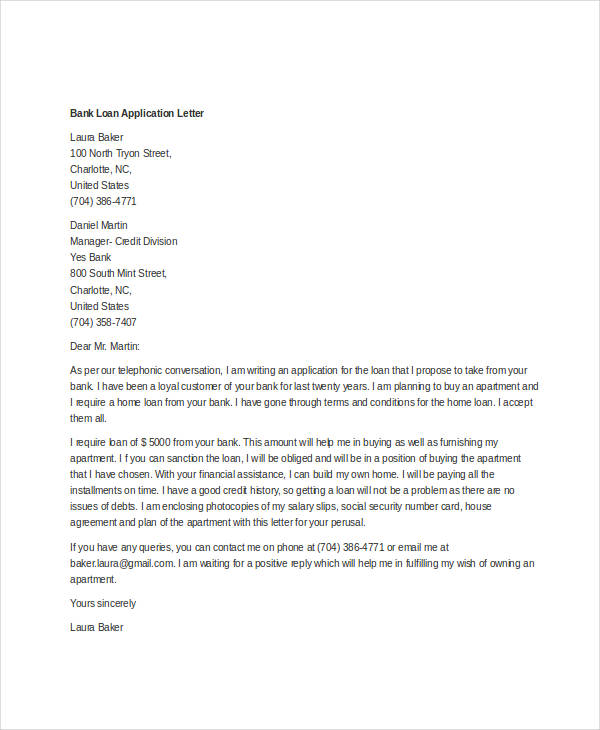 Application Letter To A Bank