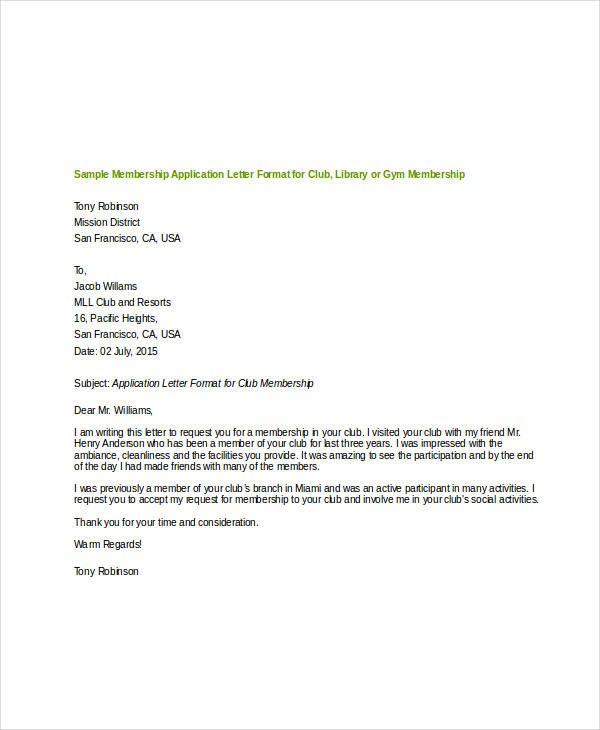 Membership Application Letters - 8+ Word, PDF Documents Download