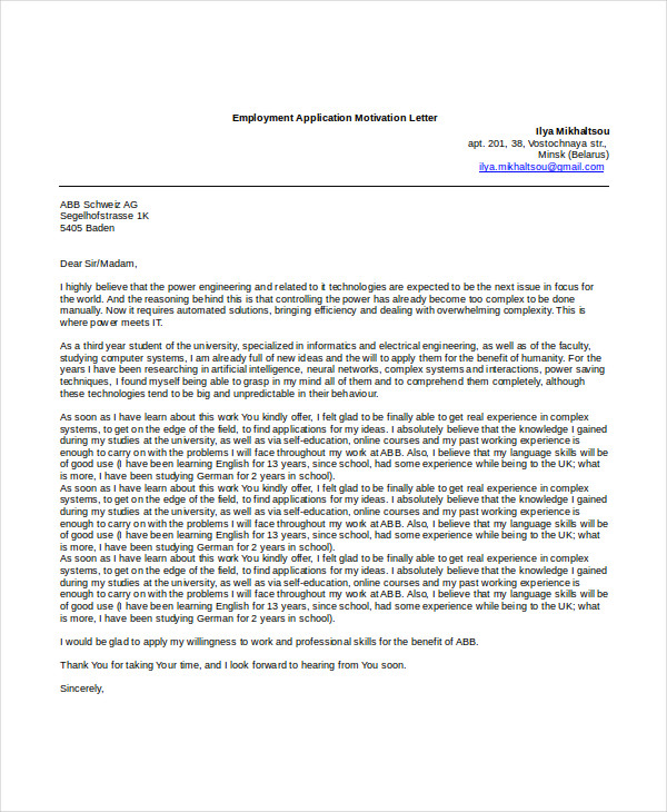 Employment Application Letter - 9+ Sample, Example, Template