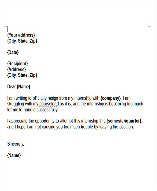 Internship Resignation Letter Template - 11+ Word, PDF Format Download!