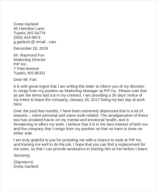 Resignation Letter Mental Health Issues Infoupdate