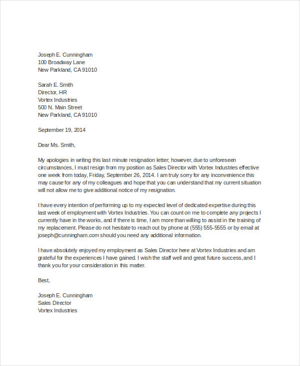 Last Minute Resignation Letter 10 Free Word PDF Documents Download