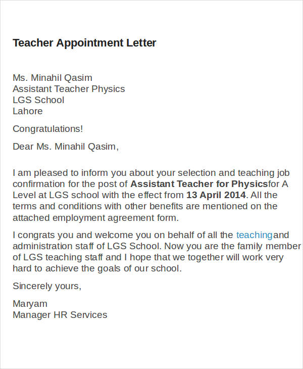Teacher Appointment Letter Template -13+ Free Word, PDF Format Download!