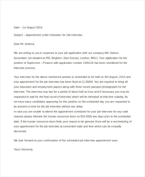 Interview Appointment Letter - 7+ Free Word, PDF Documents Download!