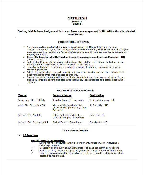 HR Resume Format Template 30 Free Word PDF Format Download 