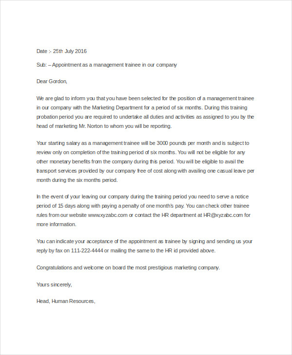 Appointment Letter For Apprentice Trainees Sample Offer Letter Format ...
