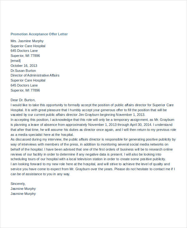 Promotion Offer Letter Template - 10+ Word Format Download!