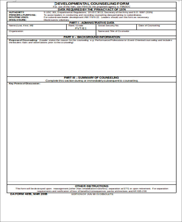8+ Army Counseling Form