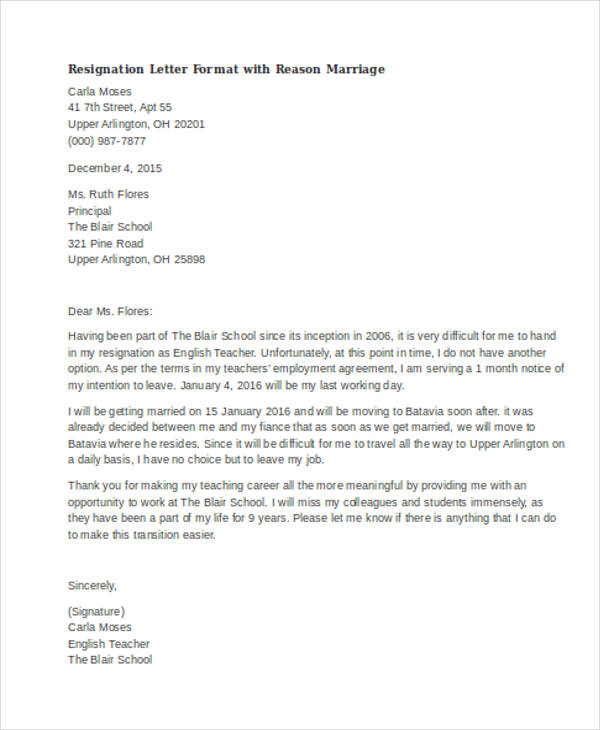 Resignation Letter Format Marriage Reason Sample Resignation Letter
