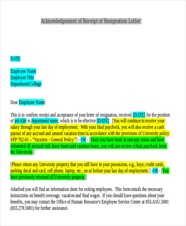 Resignation Acknowledgement Letter Templates - 7+ Free Word, PDF Format ...
