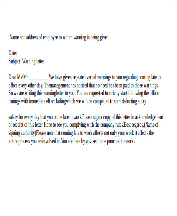 14 Late Warning Letter Templates PDF DOC