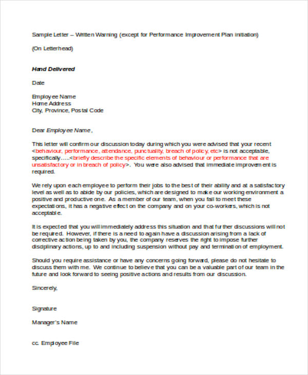 Warning Letter To Employee For Poor Performance Pdf Infoupdate
