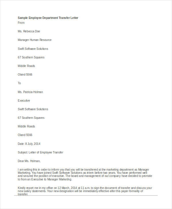 13+ Employee Transfer Letter Templates - DOC, PDF