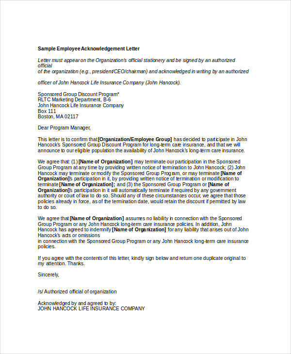 7+ Employee Acknowledgement Letter Templates in Google Docs | Word ...