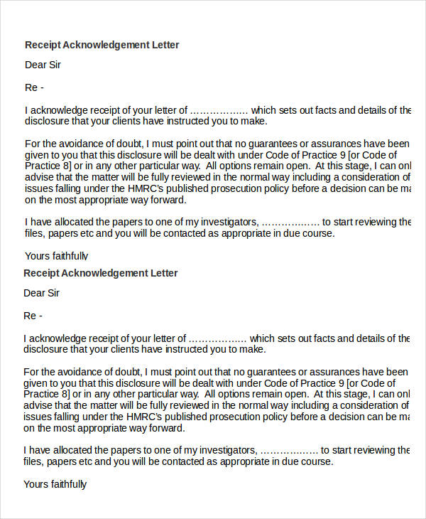 13+ Receipt Acknowledgement Letter Templates