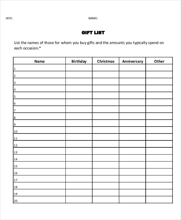 Birthday Gift List Templates 4 Free PDF Documents Download