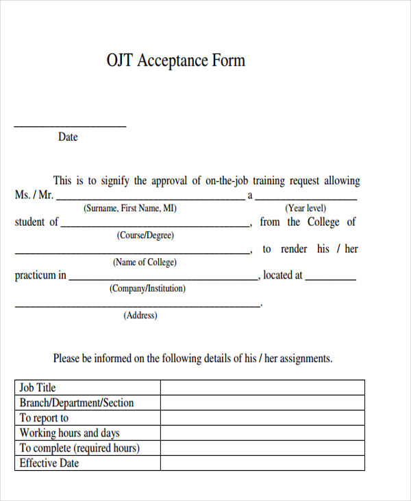 Download Acknowledgement Sample Letter For On The Job Training For Free 