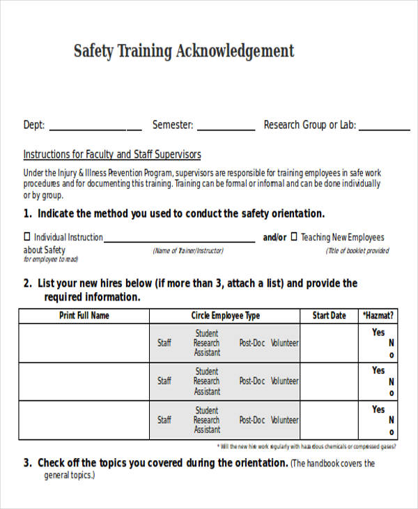 8+ Training Acknowledgement Letters