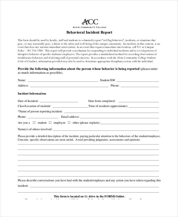 Behavior Incident Report Template 19 Free PDF Format Download 
