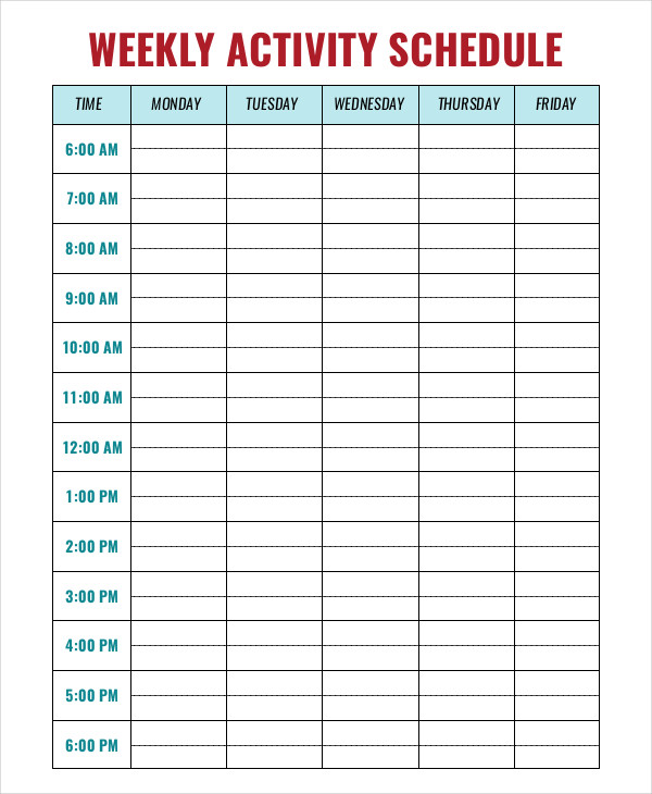 Weekly Activity Schedule Template 6 Free Word PDF Format Download 