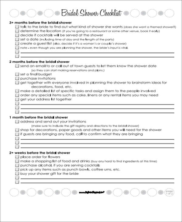  Bridal Shower Checklist Printable