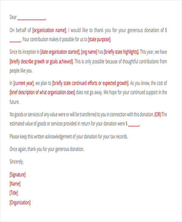 Sample Memorial Donation Acknowledgement Letter To Family Classles