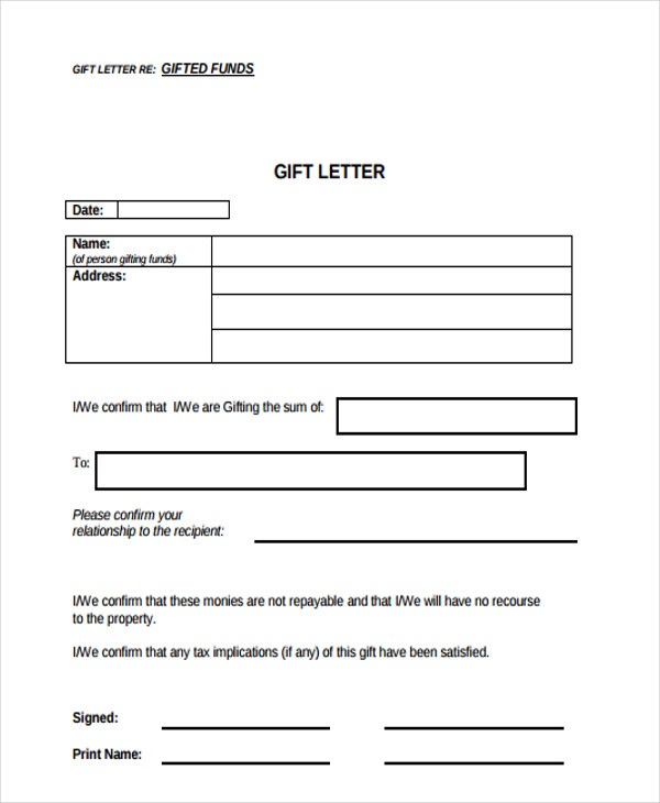 Down Payment Gift Letter Sample Master Template