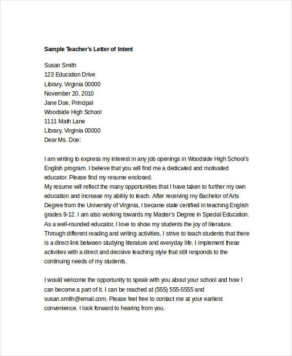 Sample Letter Of Intent Teacher