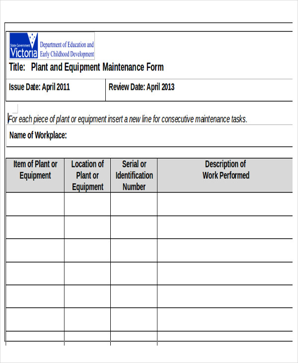 Equipment Maintenance Schedule Template 10 Free Word PDF Format 