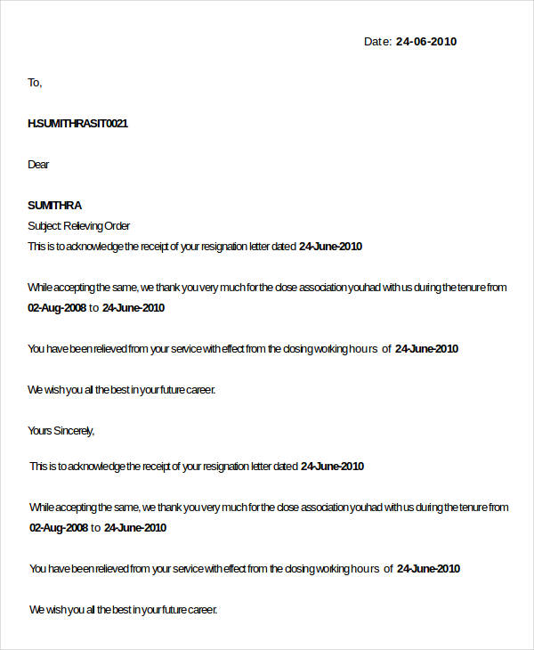 6+ Job Relieving Letter Templates - PDF
