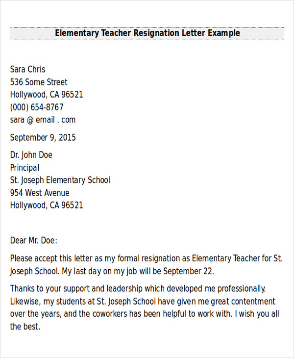 Letter Of Resignation Sample For A Teacher Sample Resignation Letter