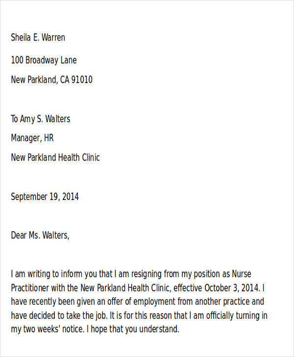 Letter Of Resignation Sample Nurse Practitioner Sample Resignation Letter