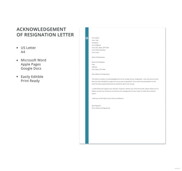 Resignation Acknowledgement Letter Templates - 7+ Free Word, PDF Format ...