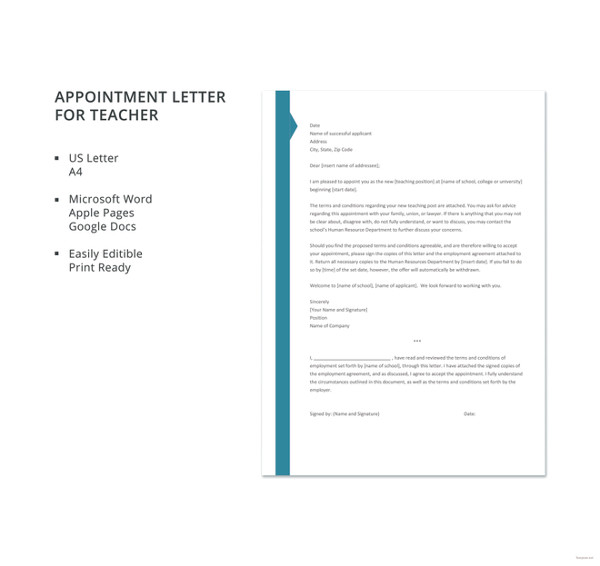 Teacher Appointment Letter Template -13+ Free Word, PDF Format Download!
