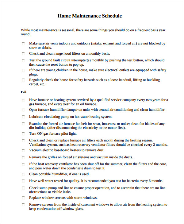 Home Maintenance Schedule Template - 7+ Free PDF, Word Format Download!