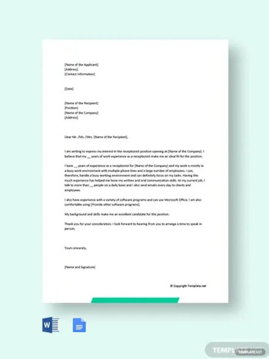 13+ Receptionist Job Application Letters - Word, PDF Format Download