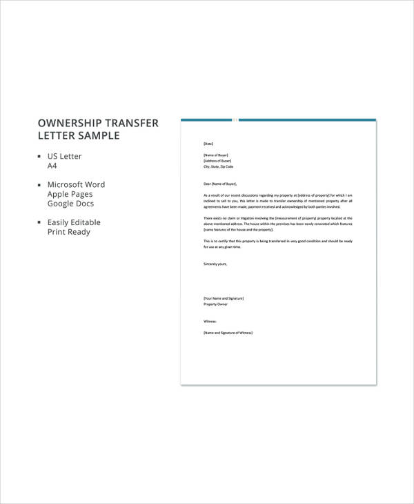 Free 12+ Ownership Transfer Letter Templates - PDF, DOC, Apple Pages ...