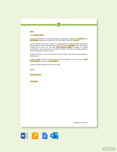 14+ Resignation Letter With 30 Day Notice Template - PDF, Word, Apple ...