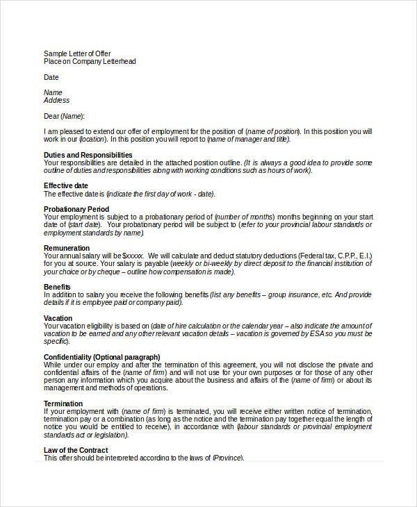 Offer Letter Templates in Doc - 46+ Free Word, PDF Documents Download