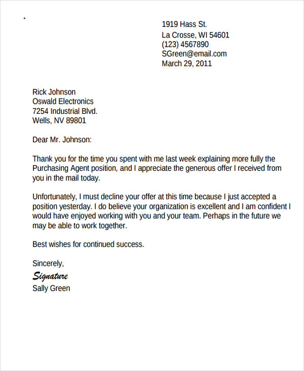 Decline Counter Offer Letter Sample Master Of Template Document