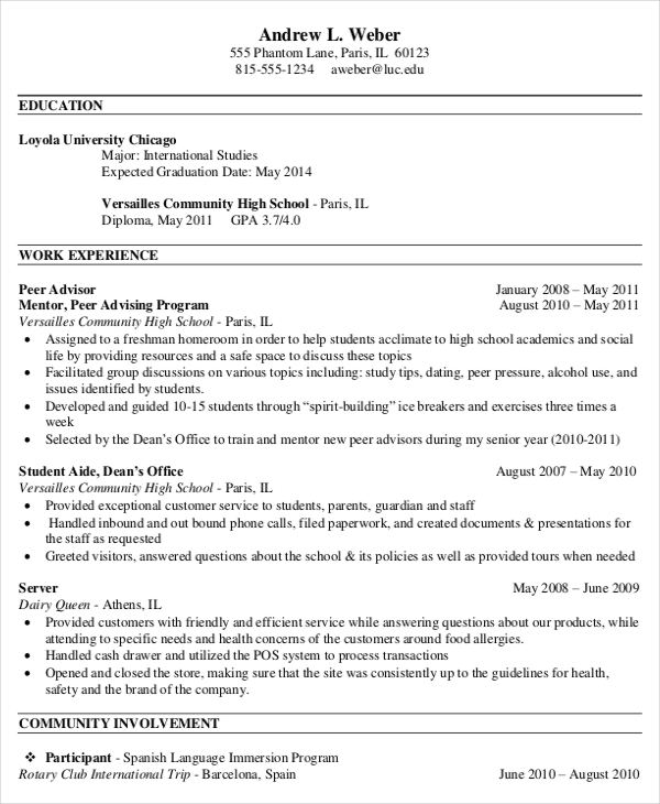 Sample Student Resume For Work Immersion