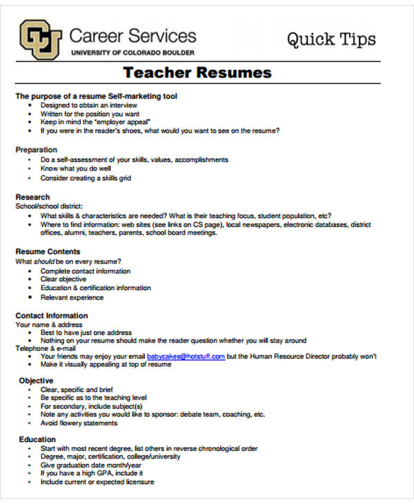 Resume For A Teacher Job