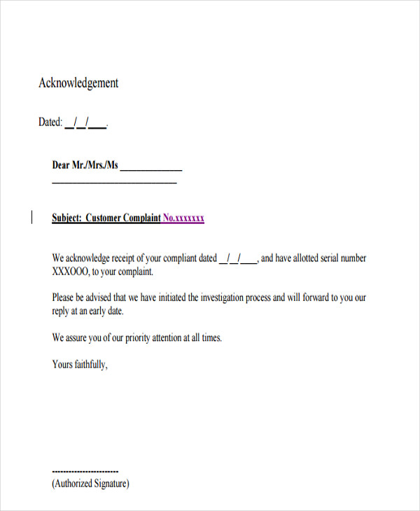 10+ Complaint Acknowledgement Letters