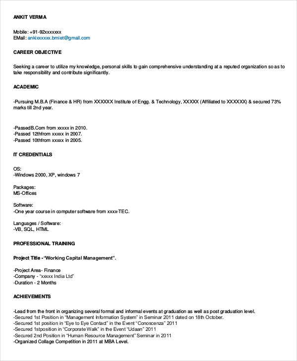 11+ Fresher Resume Samples