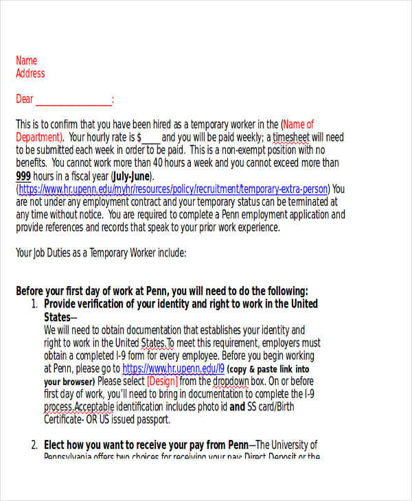 9+ Temporary Appointment Letter Template - Free Sample, Example Format ...