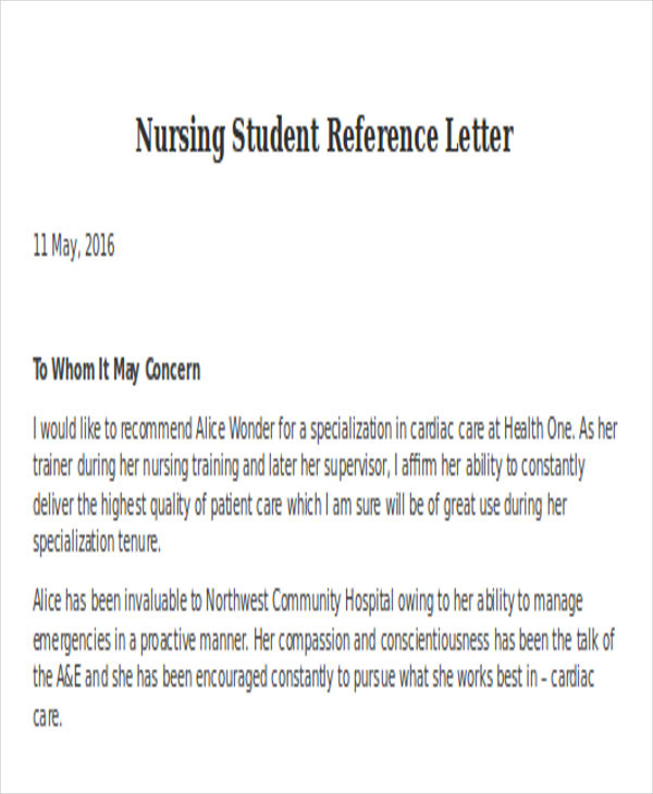 Letter Of Recommendation Examples For Nursing Students Letter