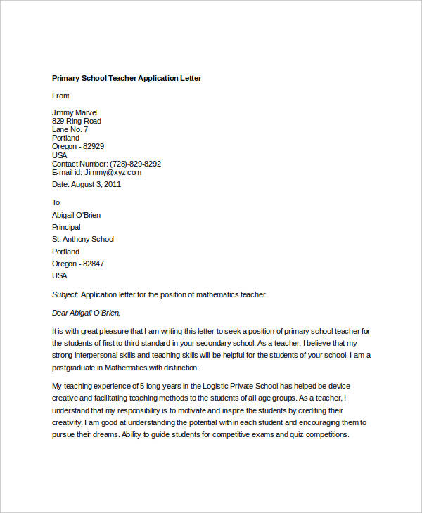 Application Letter Primary School Admission